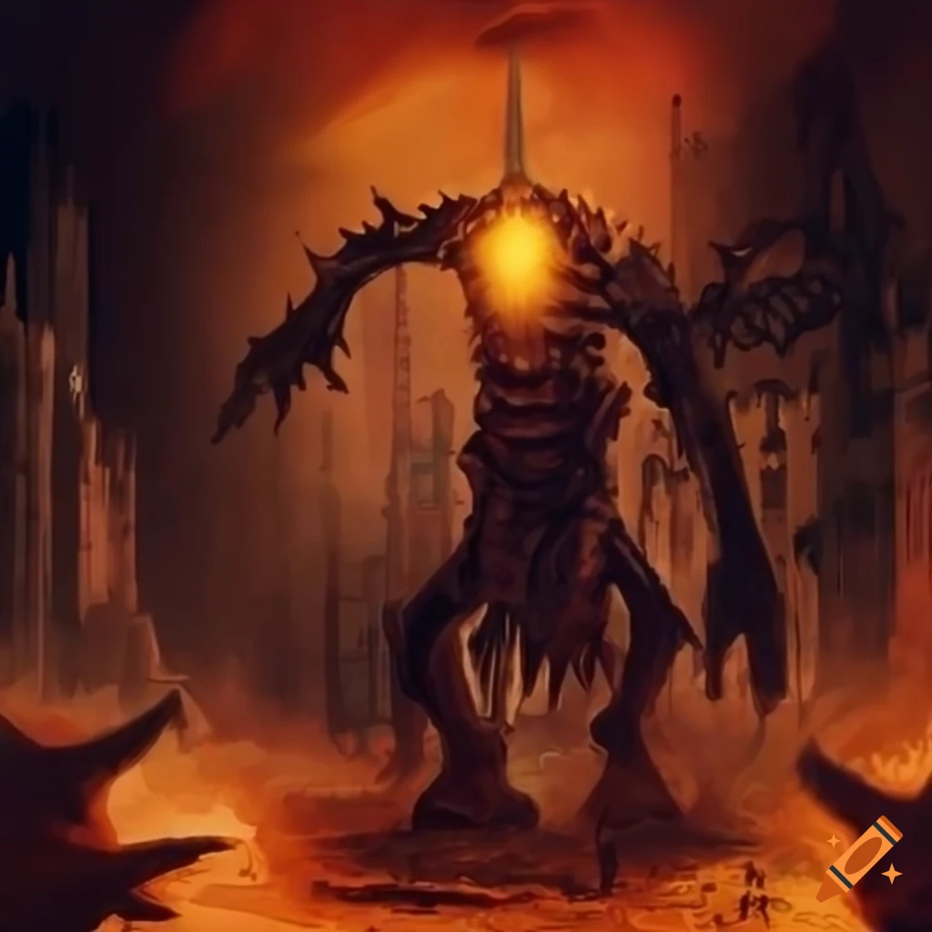 City in hell, eldritch creatures in background