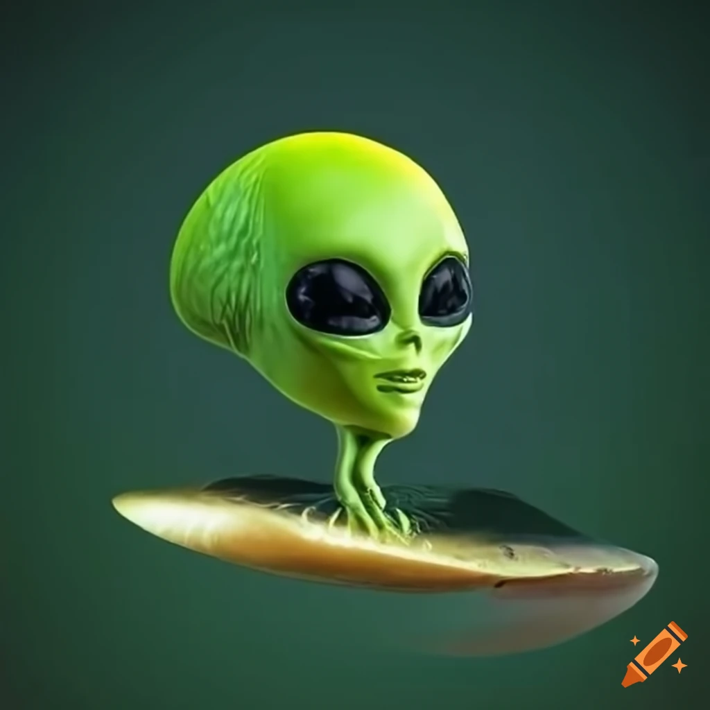 Green Alien surfing ontop of a flying magic mushroom gold cap on Craiyon