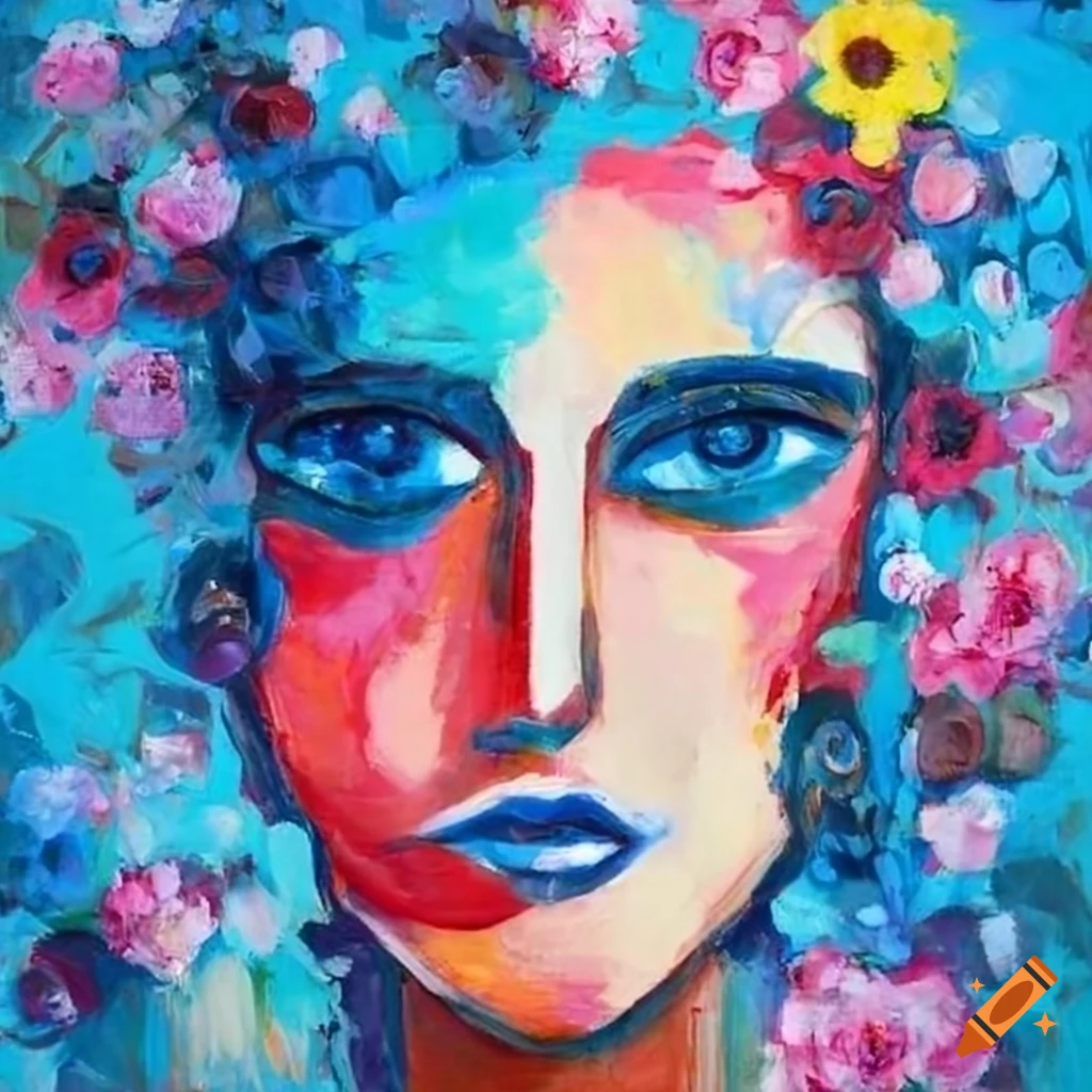 Abstract painting of a woman face, blue and pink flowers on Craiyon