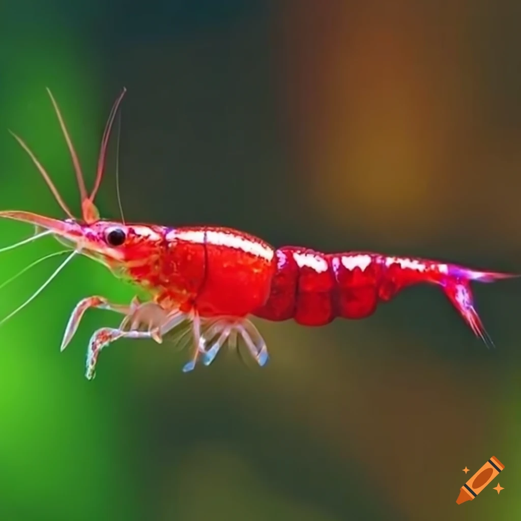 Vibrant red shrimp gracefully navigating an aquatic paradise on Craiyon