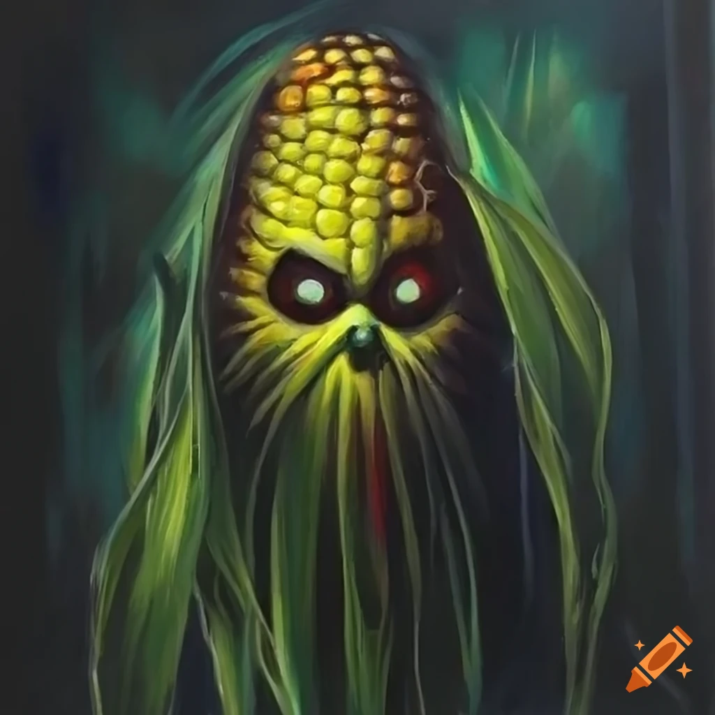 Scary evil corn haunted, dark oil painting