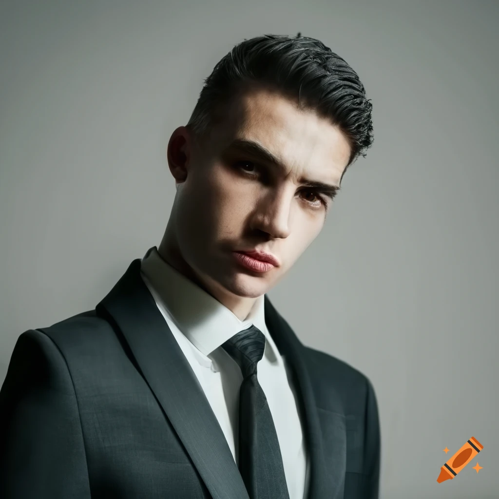 Handsome spanish man in a dark suit in front of a white background