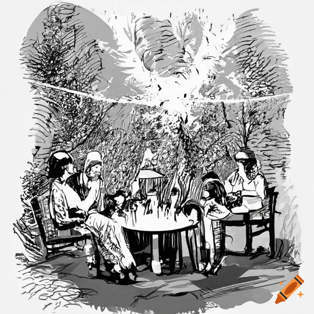 Black and white sketch showing a gathering of friends, fire, wine ...