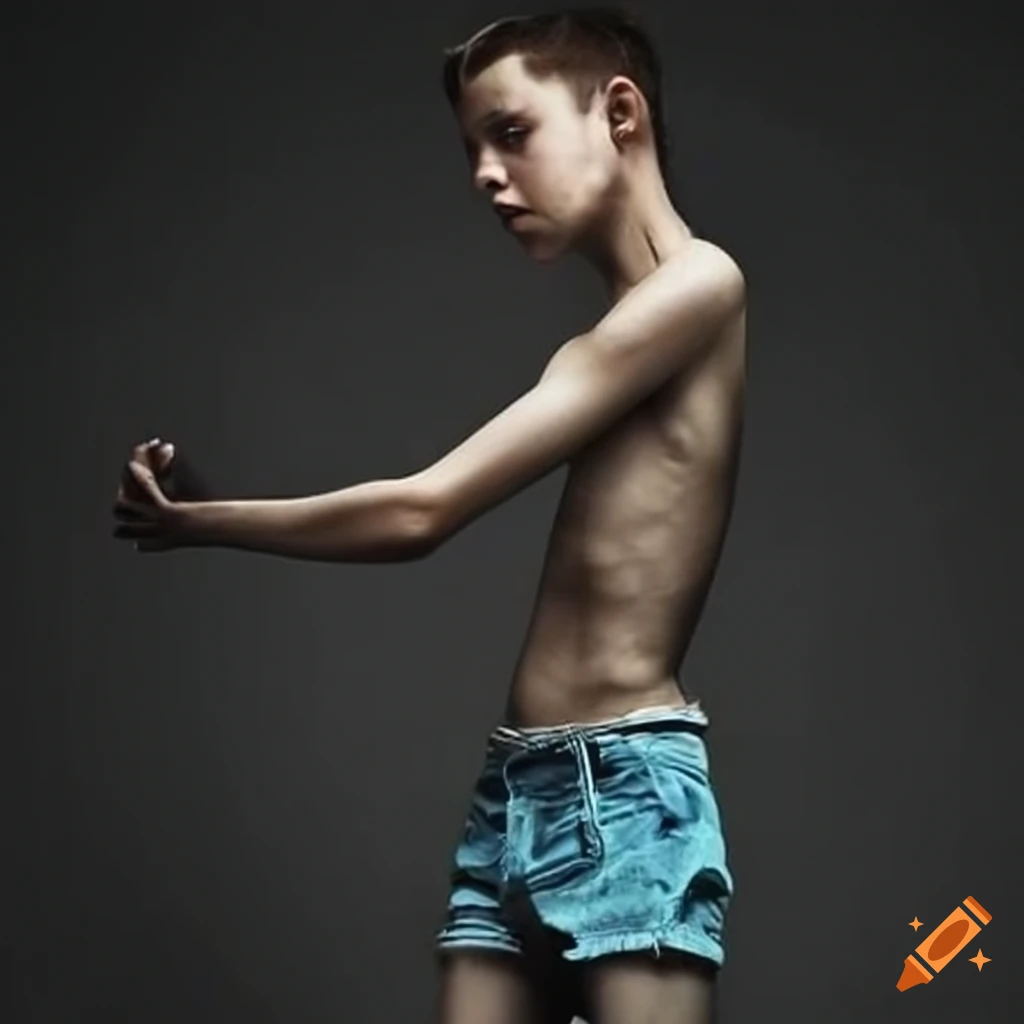 Skinny begging boy in jail wearing shorts on Craiyon