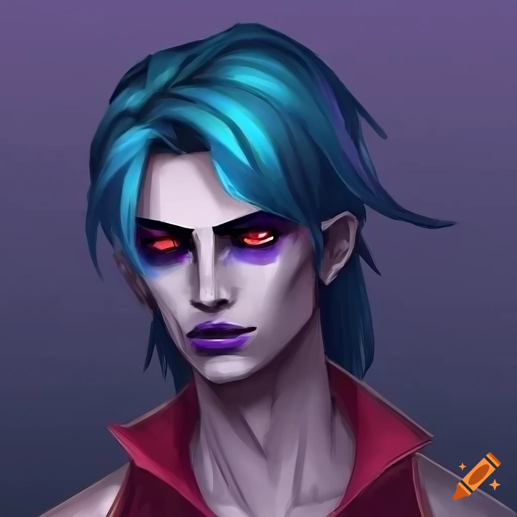 A pale adult male with greyish skin, red eye color, long bright blue ...