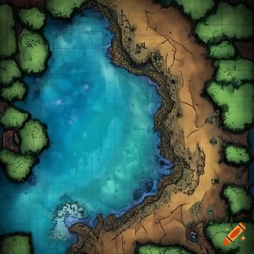 A top down dnd battlemap of an underdark river from the bottom left to ...