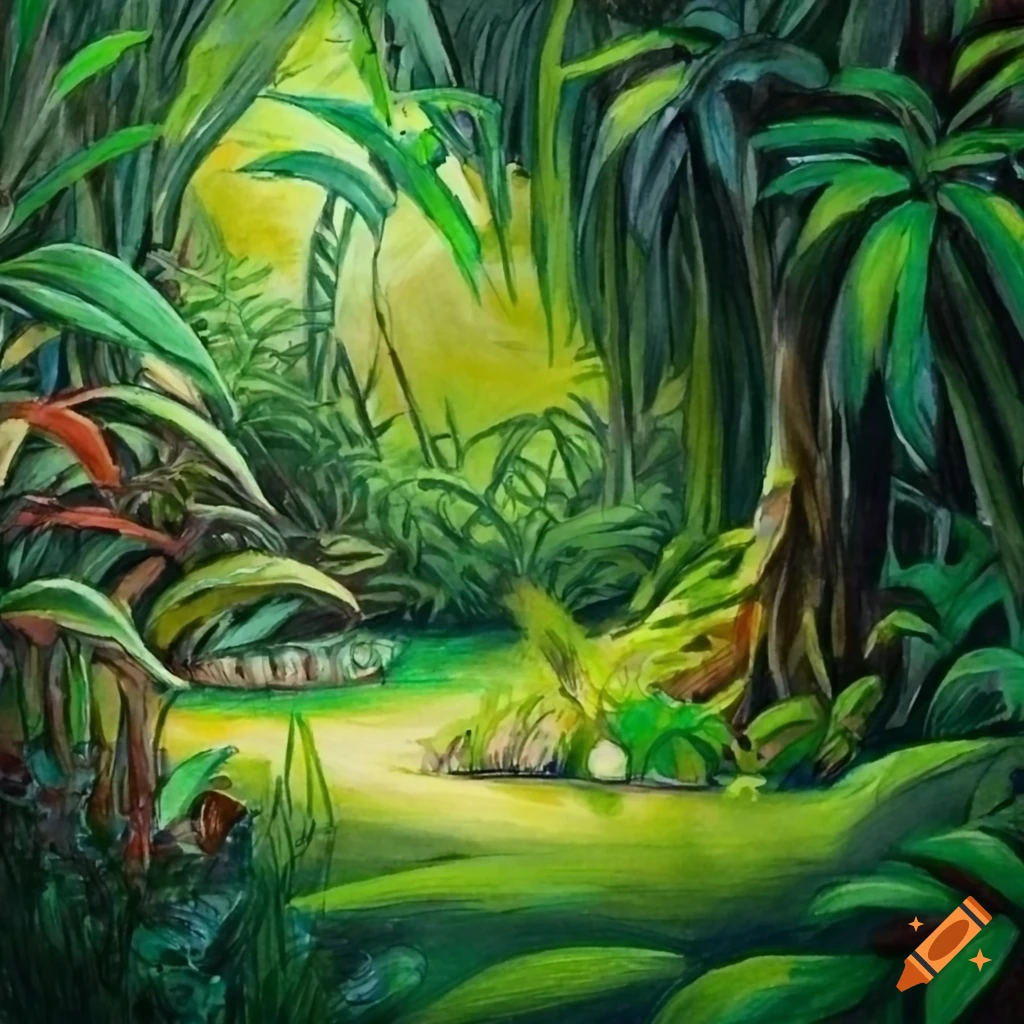 Pencil drawn, jungle with grass and plants and flowers