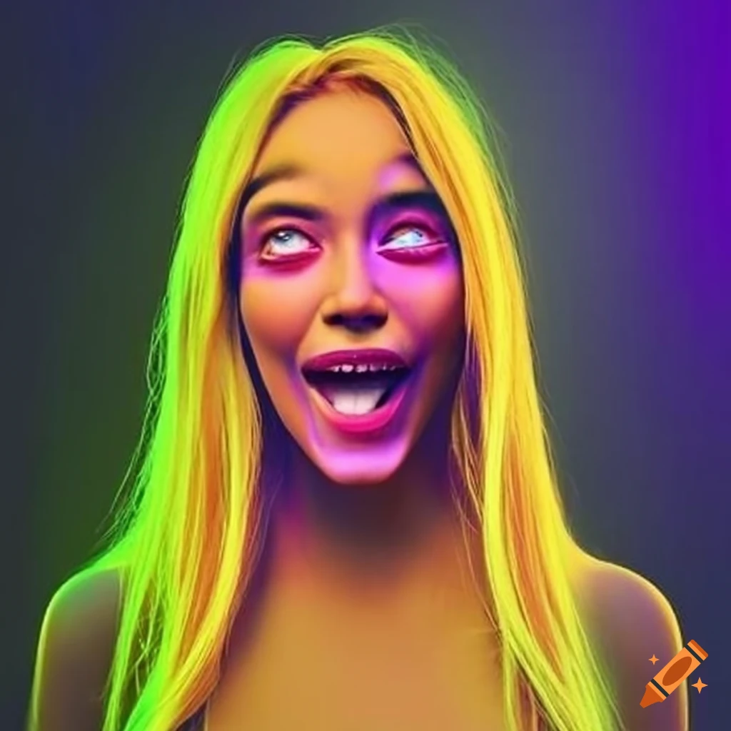 Neon female face of surprise and joy