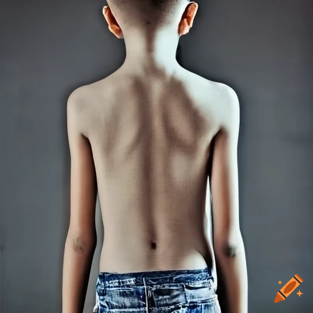 Skinny distressed boy age 12. back view on Craiyon