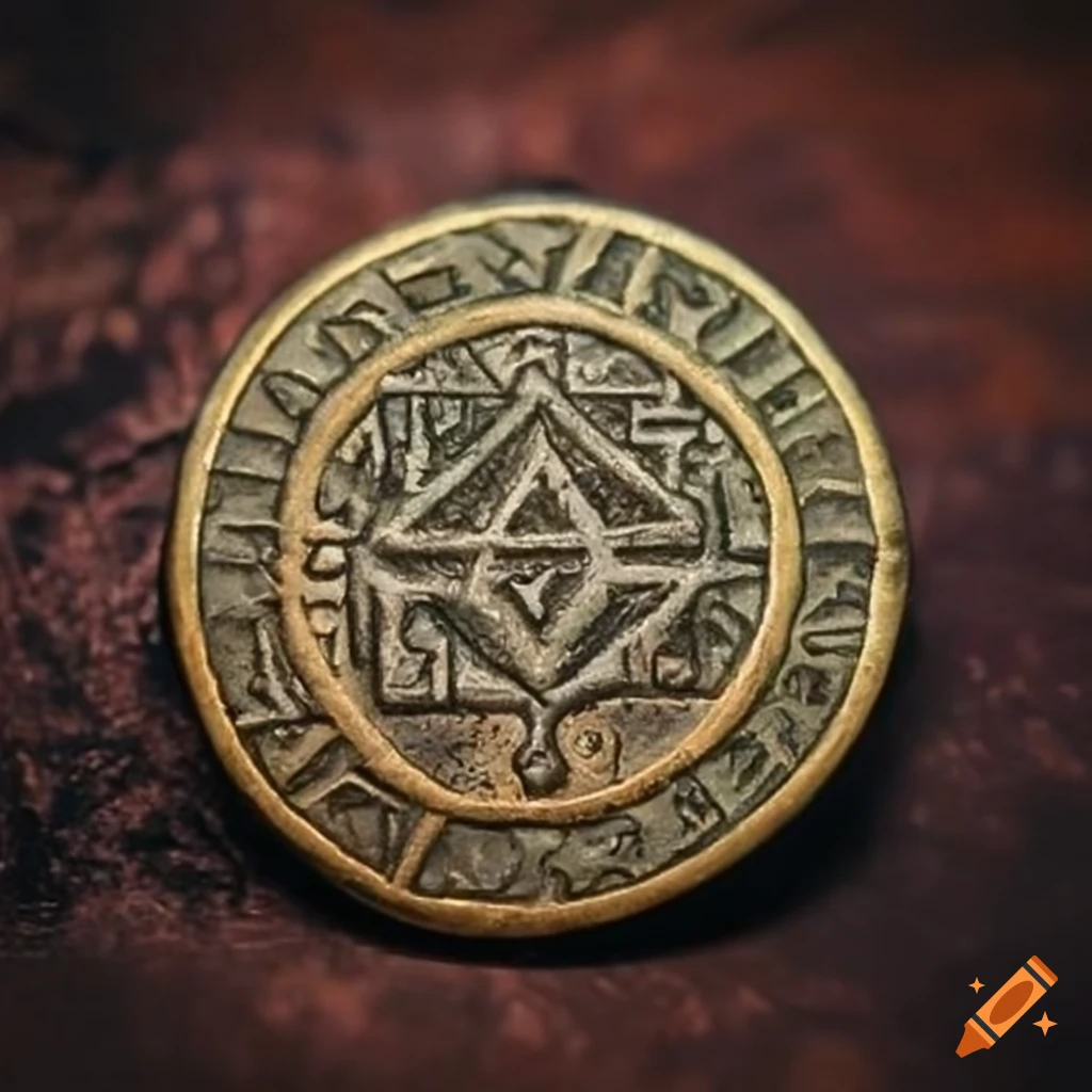 A masterful bronze dwarven coin . it shows filigrane runes