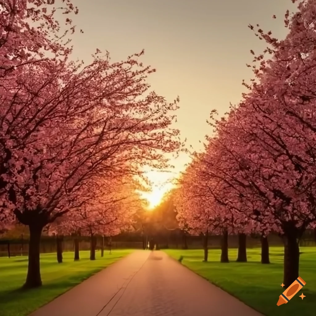 Cherry blossom tree with sunset in background