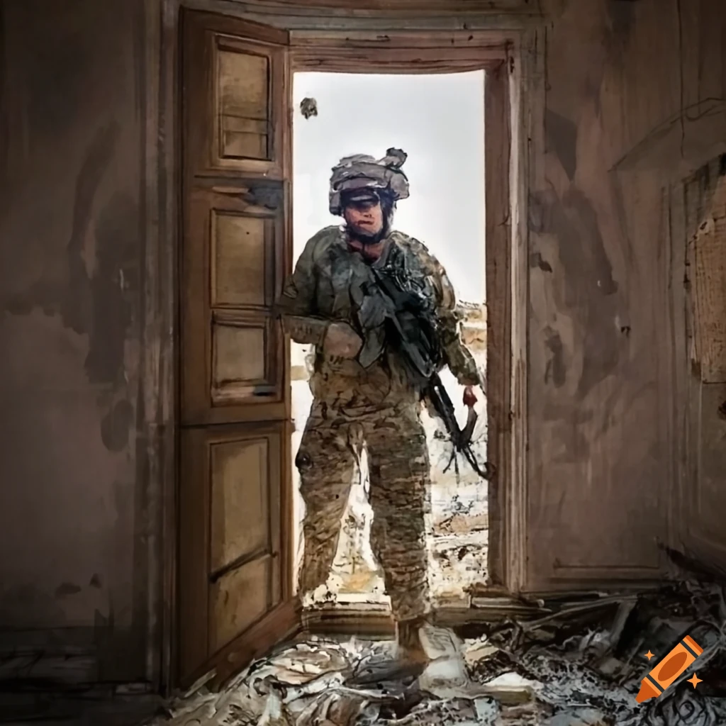 Iraq usa soldier looking through a door into an abandoned house ...