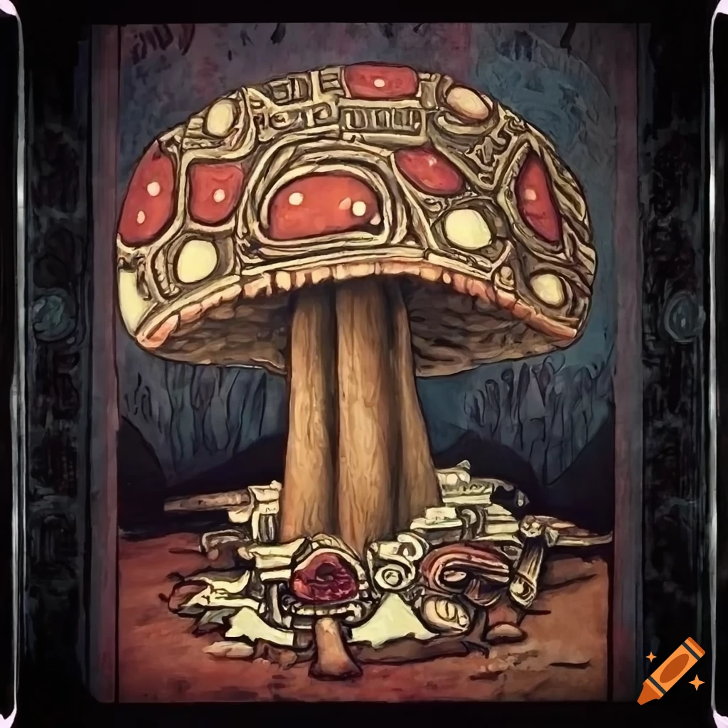 Aztec mushroom art, moody atmosphere and surreal atmosphere on Craiyon