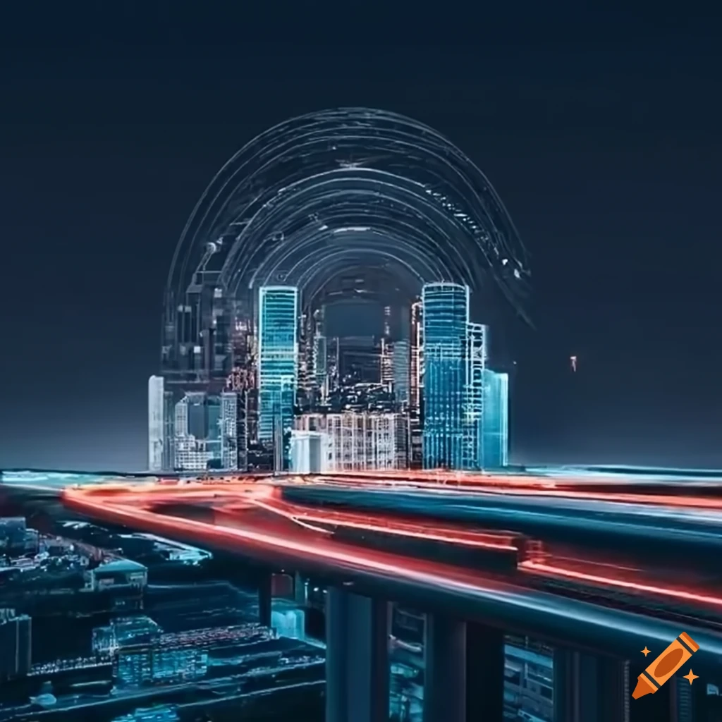 Neon utopia city with looping highways and glass buildings by the ...