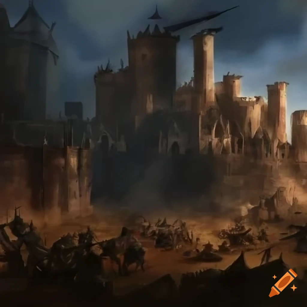 Large medieval fantasy battleground with fortress defending