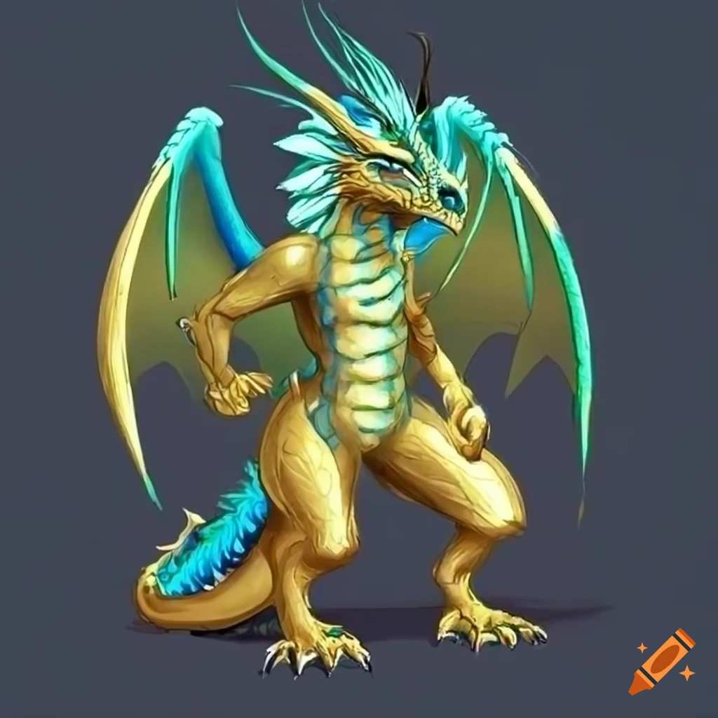 Gold anthro dragon with cyan wings and cyan-colored spikes on Craiyon