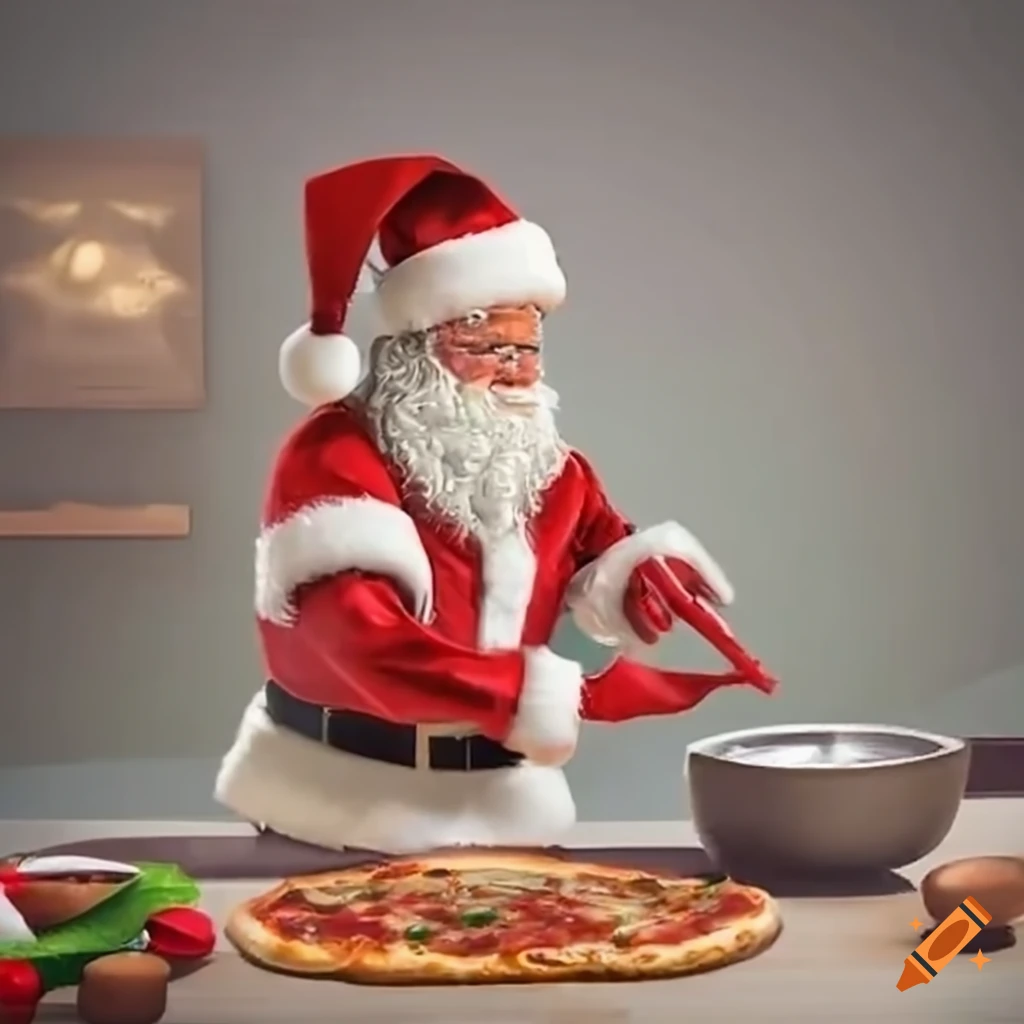 Santa claus cooking a pizza