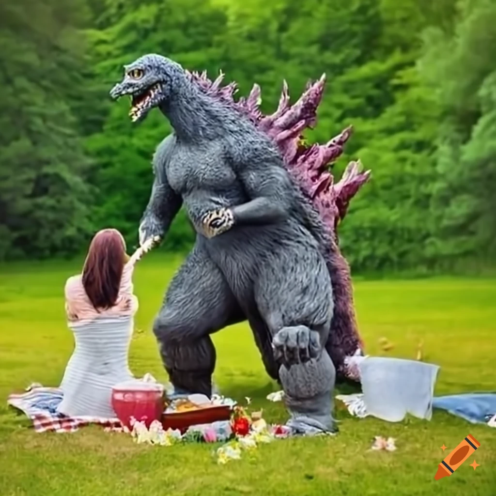 Godzilla and king kong on the grass having a romantic picnic among flowers