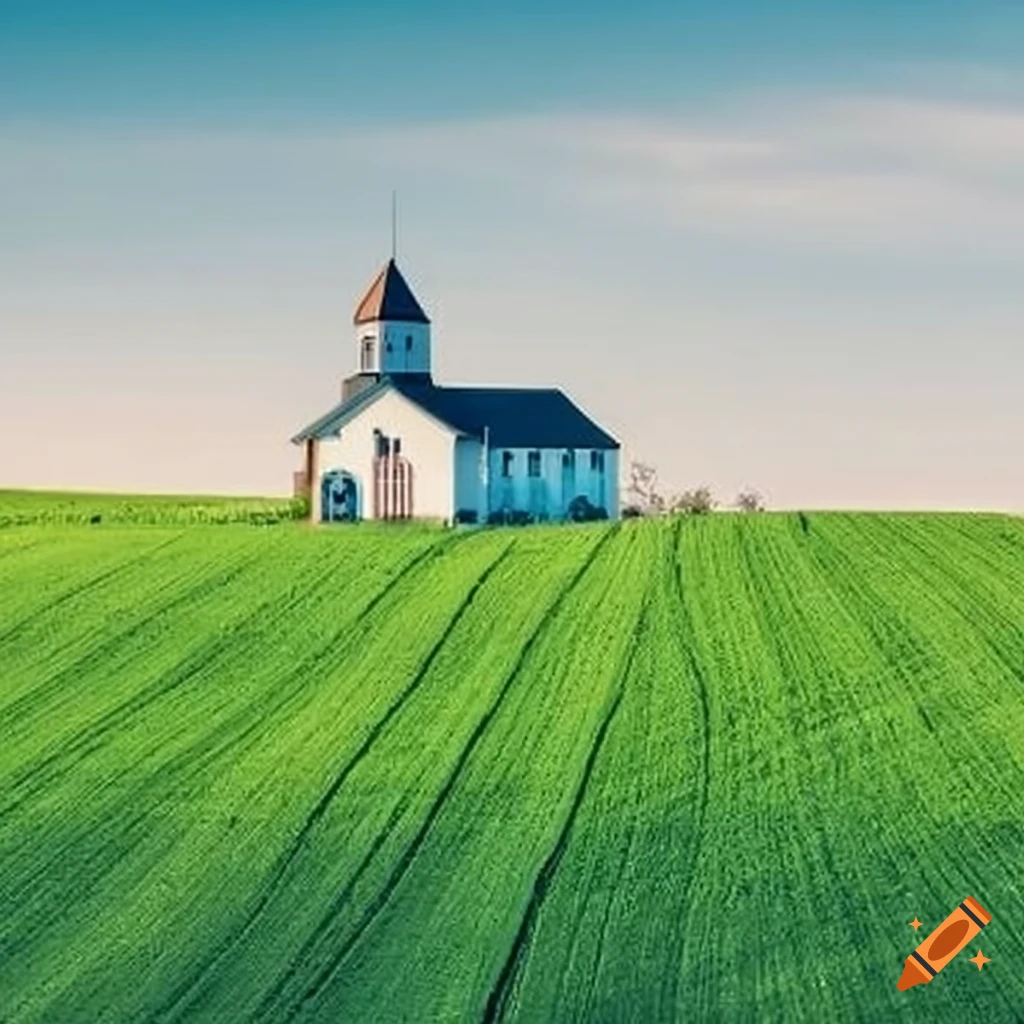 American countryside with a church in the middle of green fields on Craiyon