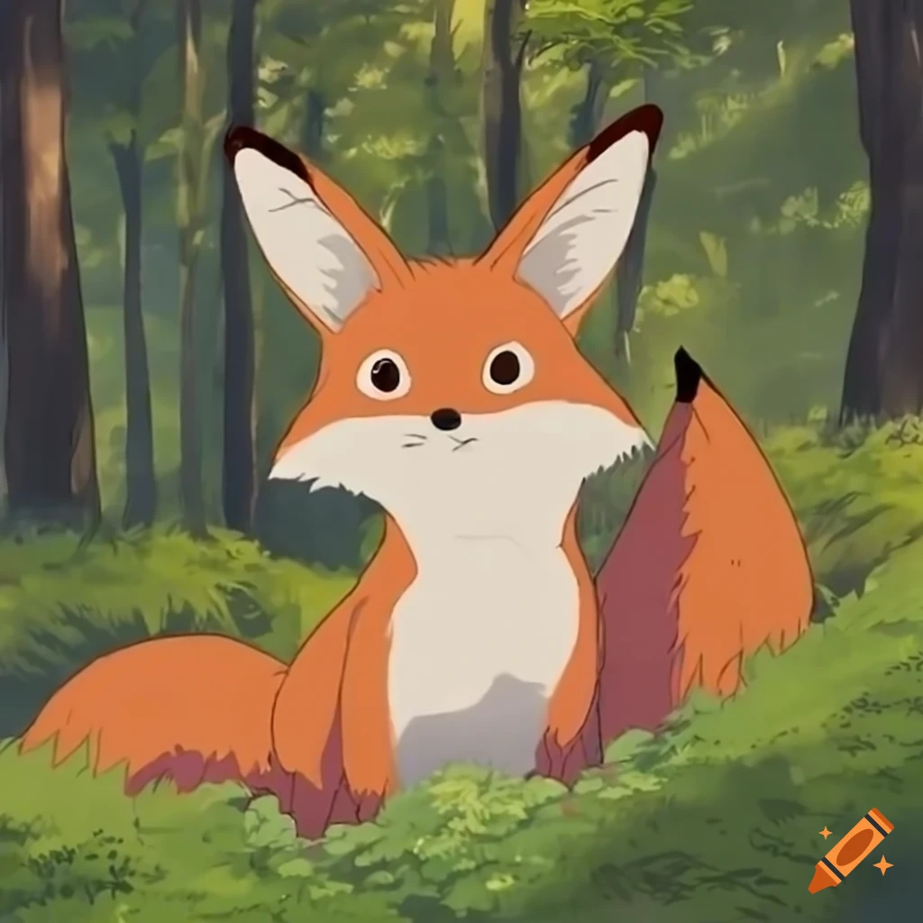 A graceful fox gracefully trotting along a woodland path, studio ghibli on Craiyon