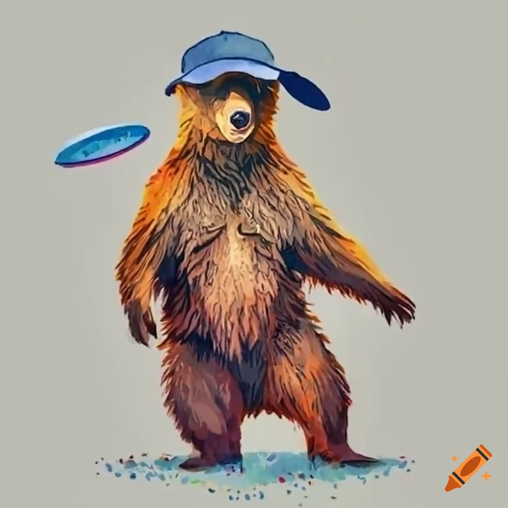 A grizzly bear throwing a frisbee wearing a baseball cap on it's head ...