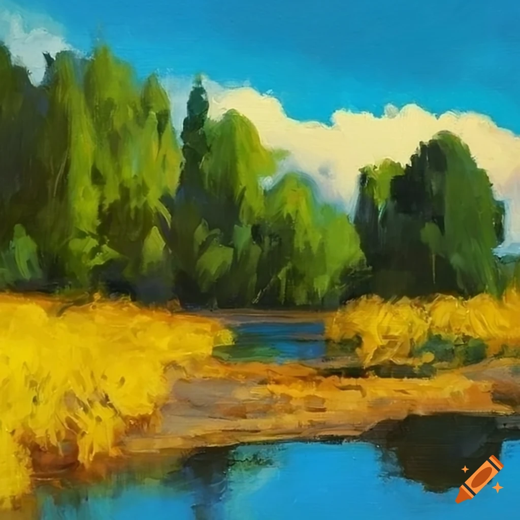 Plein air california landscape with blue sky and white clouds, river ...