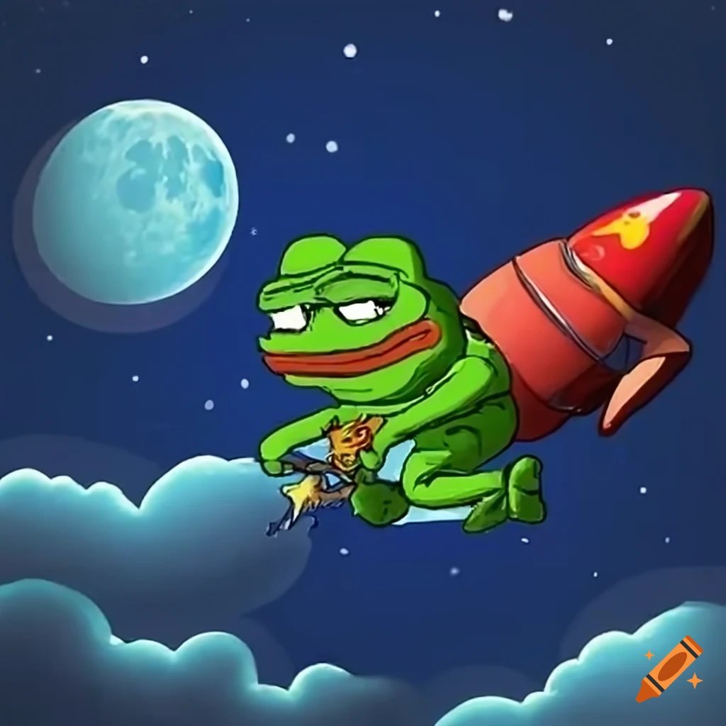 Pepe Frog riding a rocket to the moon on Craiyon