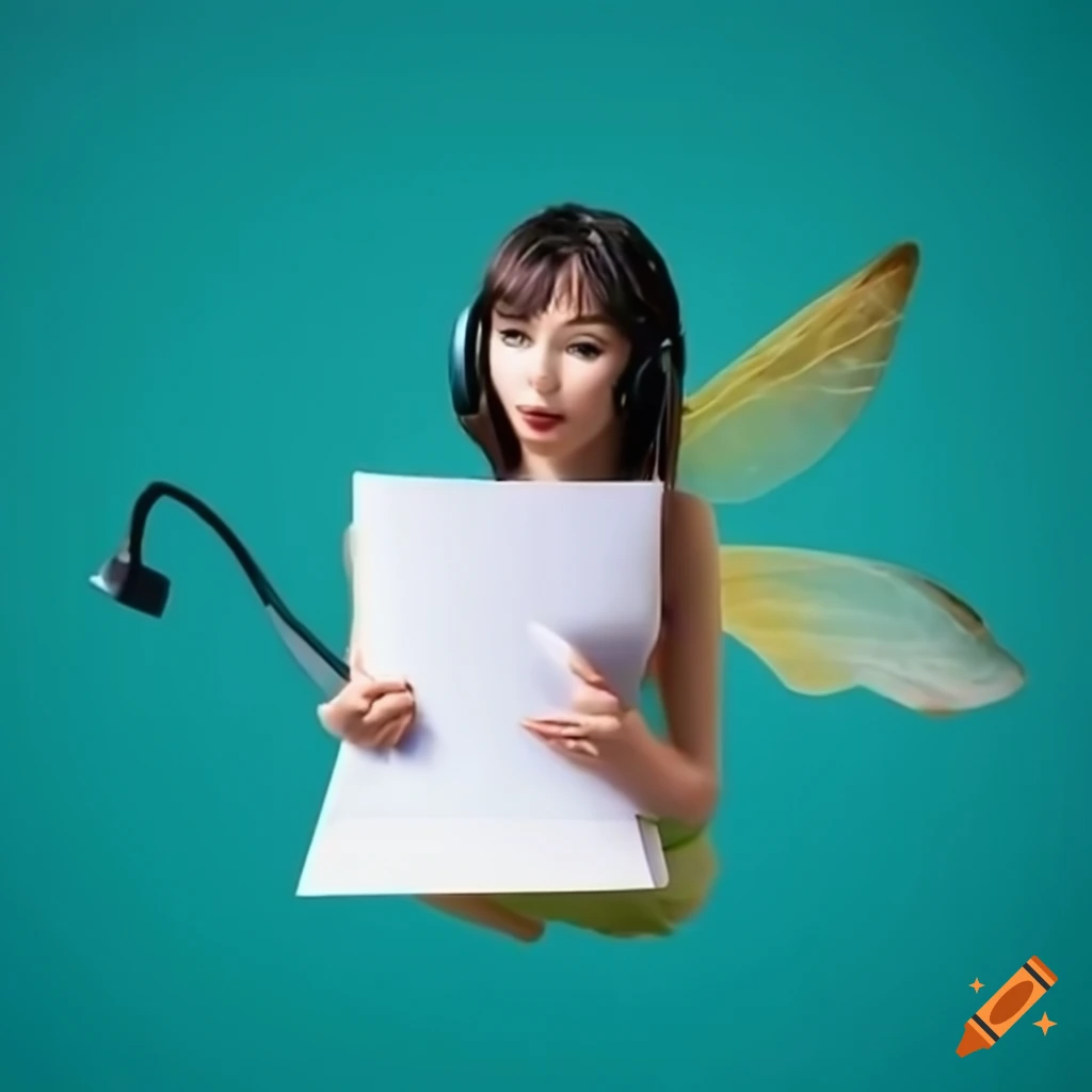 Fairy at an office desk holding paper and a phone headset creating ...