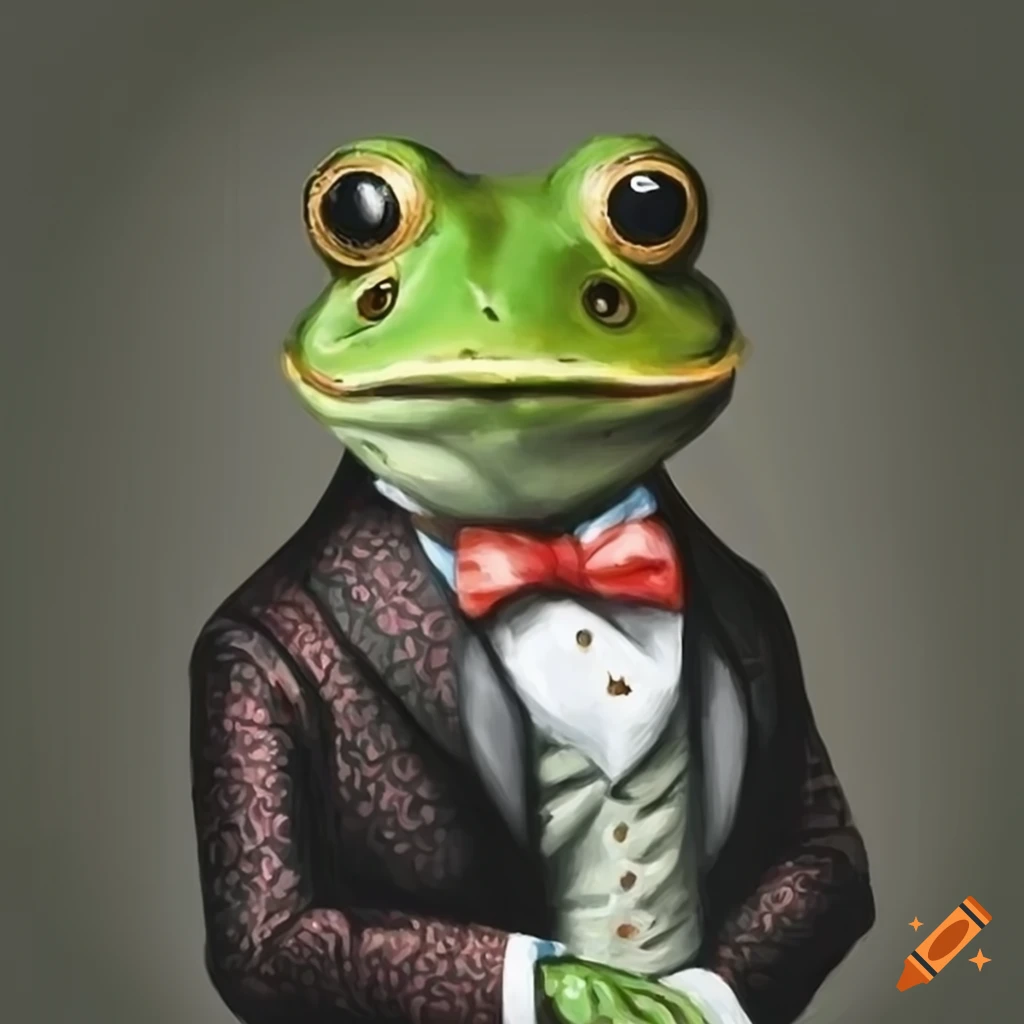 A renaissance-style painting of a frog wearing a stylish tuxedo on Craiyon