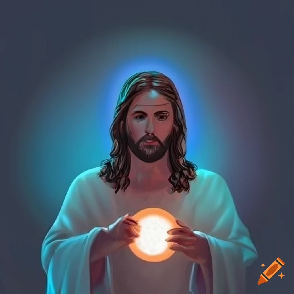 Jesus holding a glowing white orb, digital art