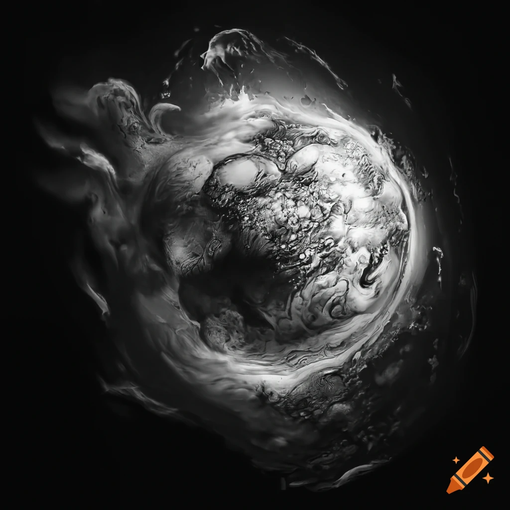 Abstract grotesque exploding planet monochrome