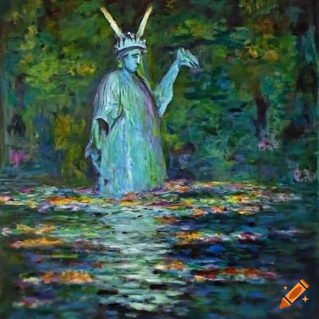 A monet painting of a lilly pond with the head and arm of the statue of ...