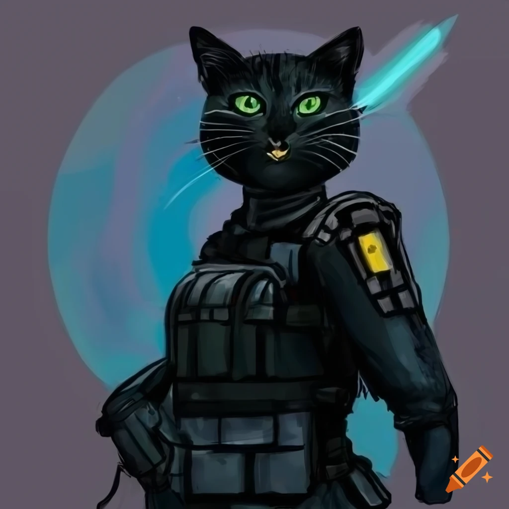 Illustration of a sci-fi black cat as a security officer