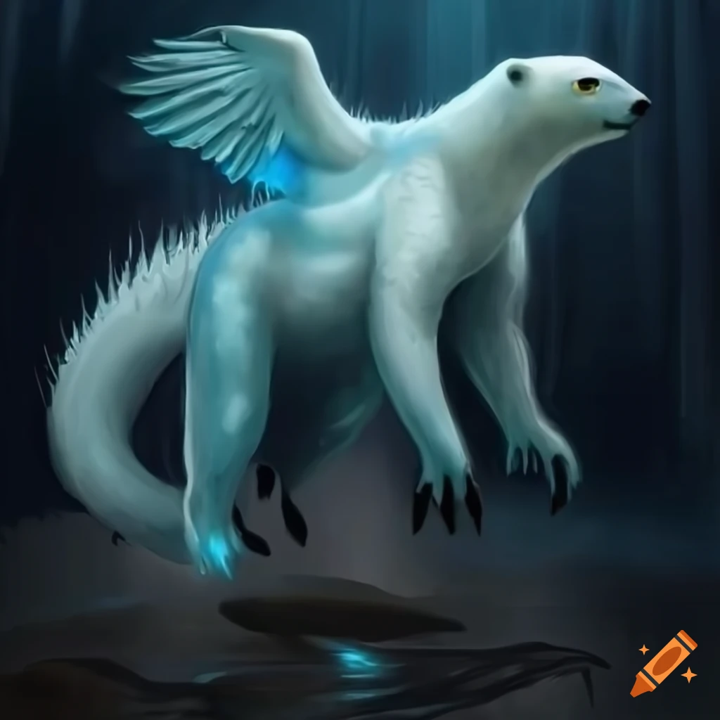 Mythical creature with polar bear head and legs, owl wings, and a dolphin tail on Craiyon