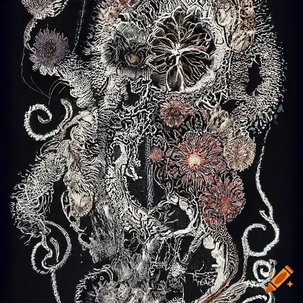 Biopunk map of flowers on embroidery Black and white cutaway drawing ...
