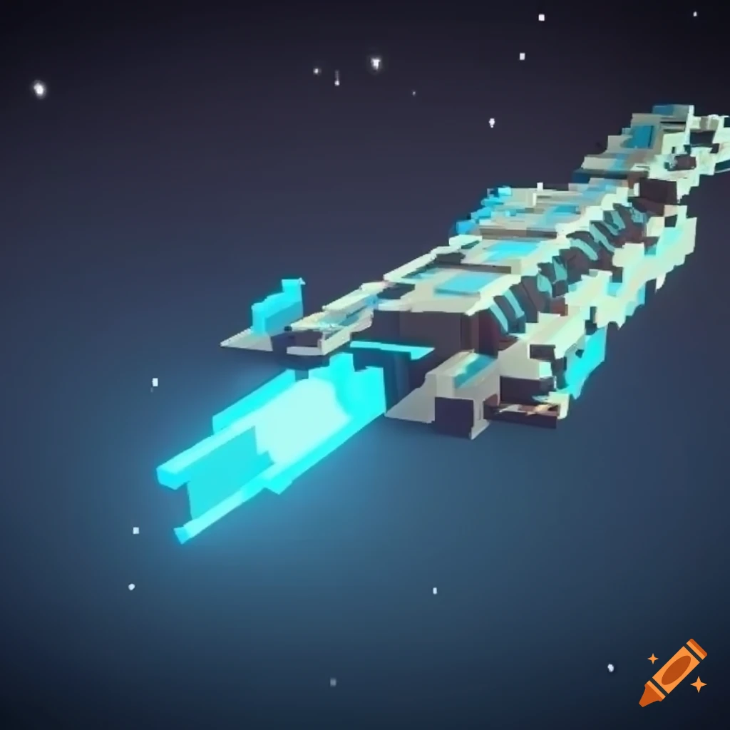 Spaceship in detailed voxel art flying in deep space on Craiyon