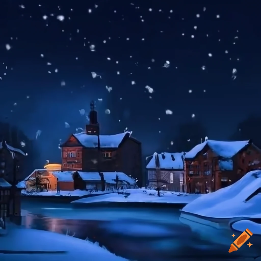 Snowy town at night