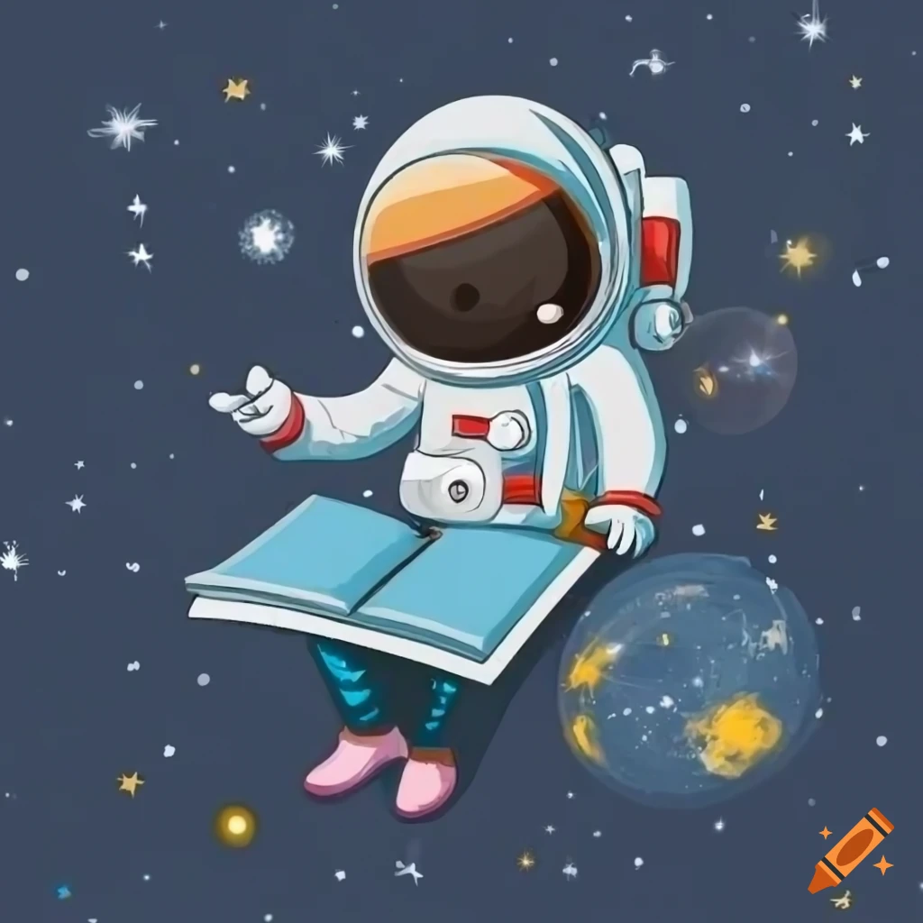 An astronaut cartoon having a notebook with his hand and surrounded by ...