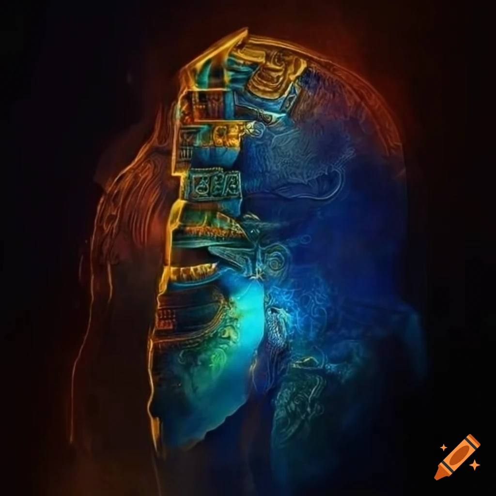 Abstract artwork inspired by Aztec culture, featuring glowing gold and ...