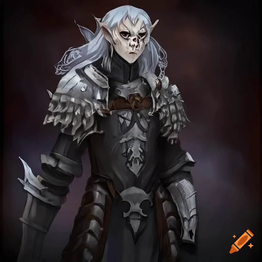 Anime undead half elf man with dark grey hair and grey skin and yellow ...