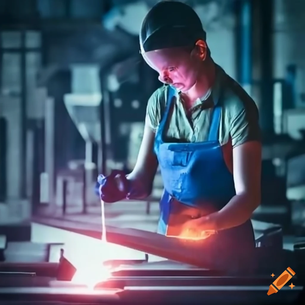 In factory a worker is making steel plates