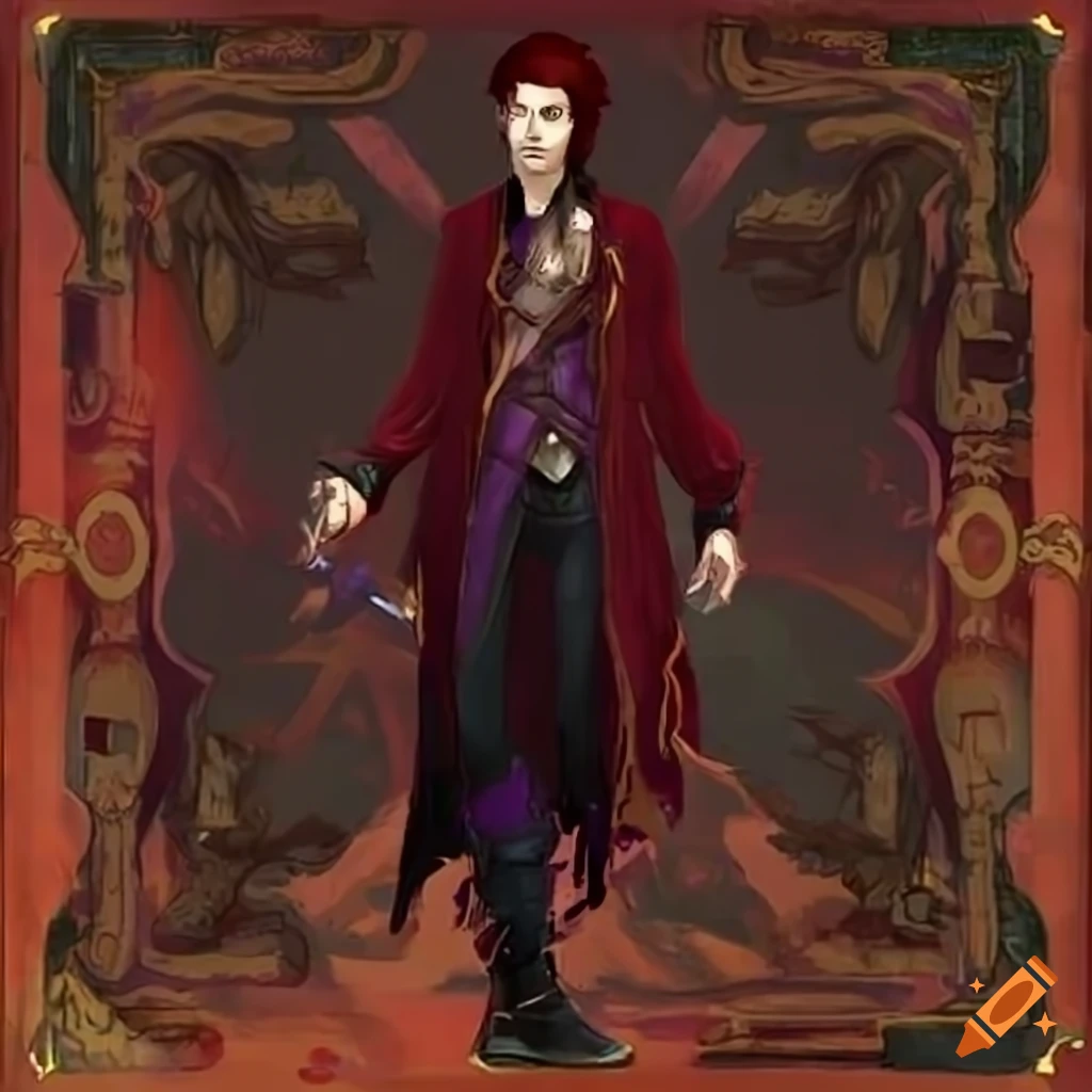 A male arcane trickster with shoulder length burgundy hair on Craiyon