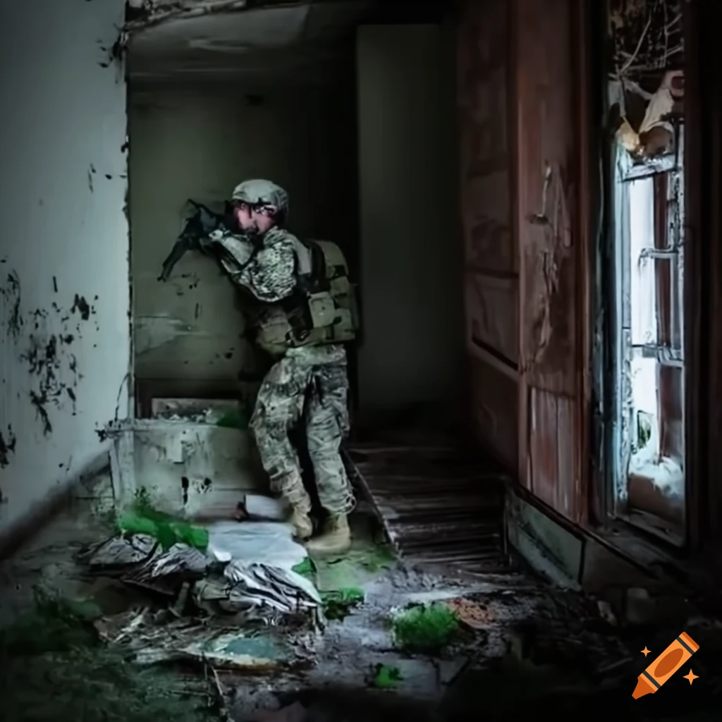 Us soldier terrified looking into an abandoned house at night, ultra ...