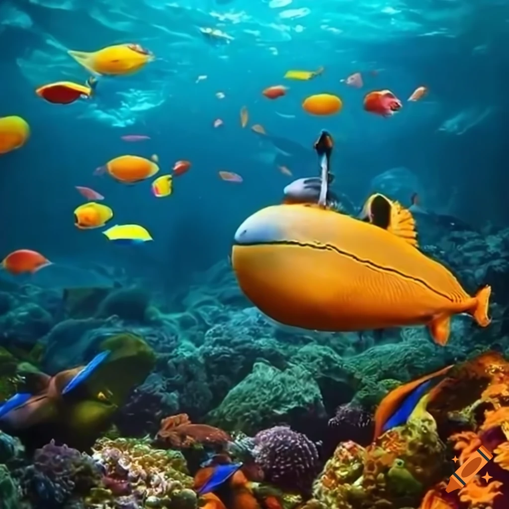 An underwater paradise with tropical fish and a submarine exploring on ...