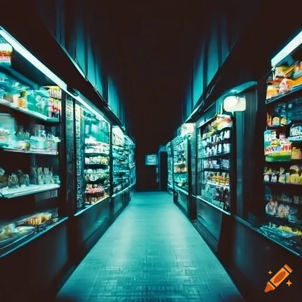 The inside of a convenience store at night on Craiyon