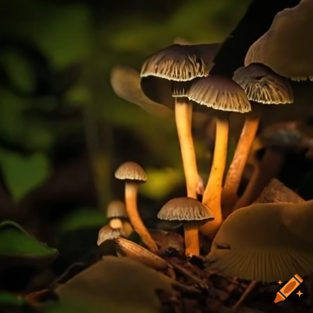 Hendrix puple fungi in primitive jungle at twilight