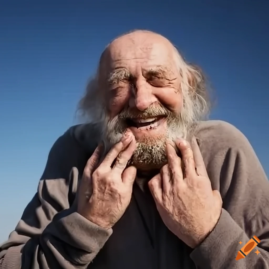 Very old bearded man with one arm laughing at the sky on Craiyon