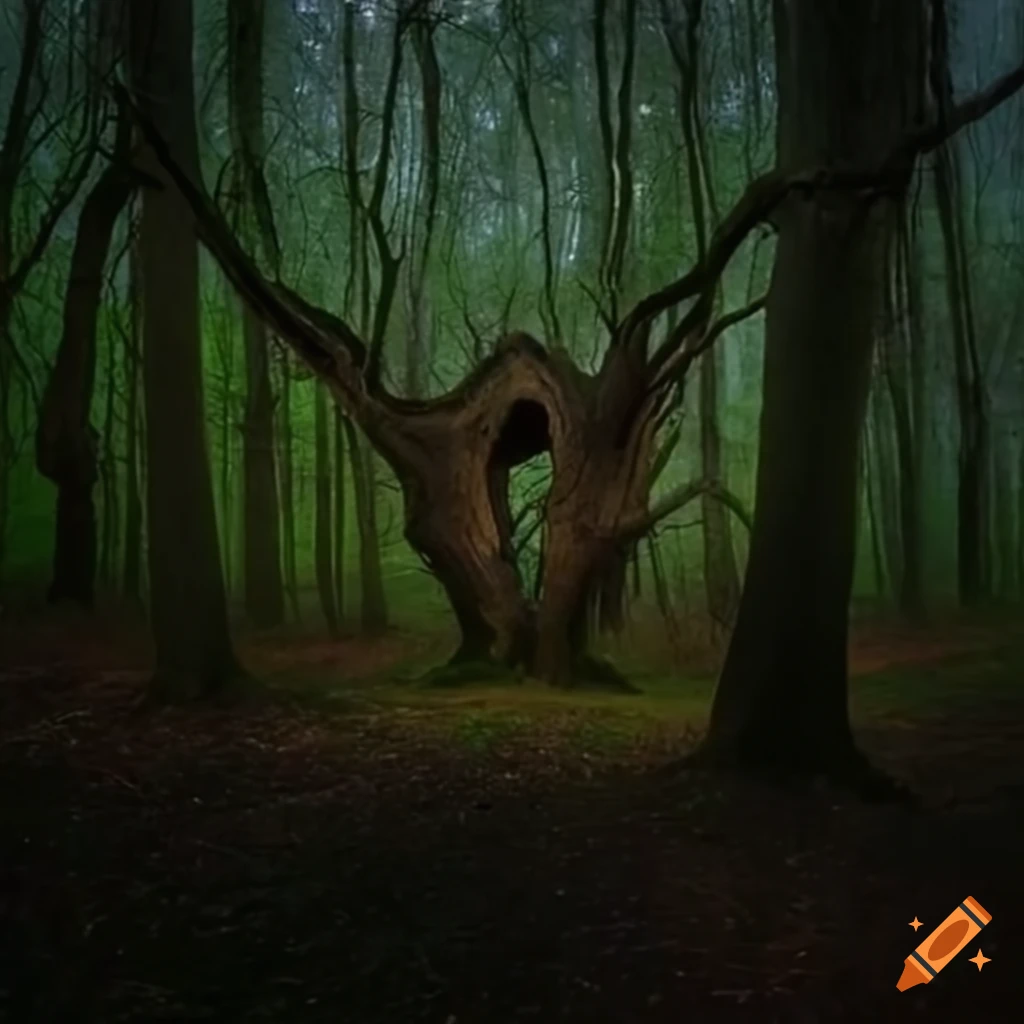 A night vision photo of a hollow tree in the woods on Craiyon