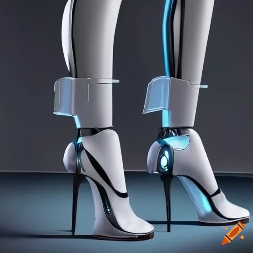 A futuristic pair of sleek high-tech bellet like shoes for female robot ...
