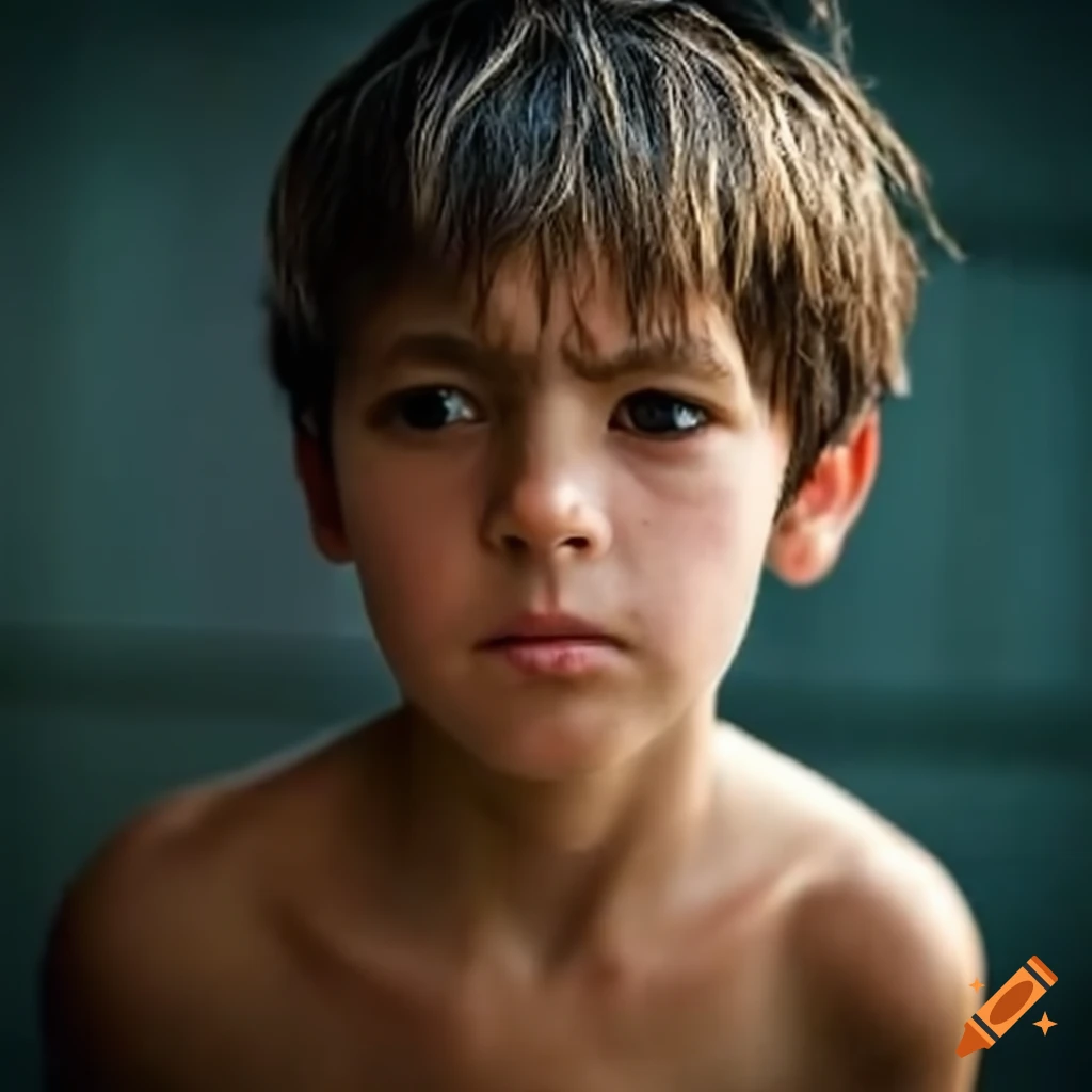 Skinny begging boy in jail wearing shorts on Craiyon